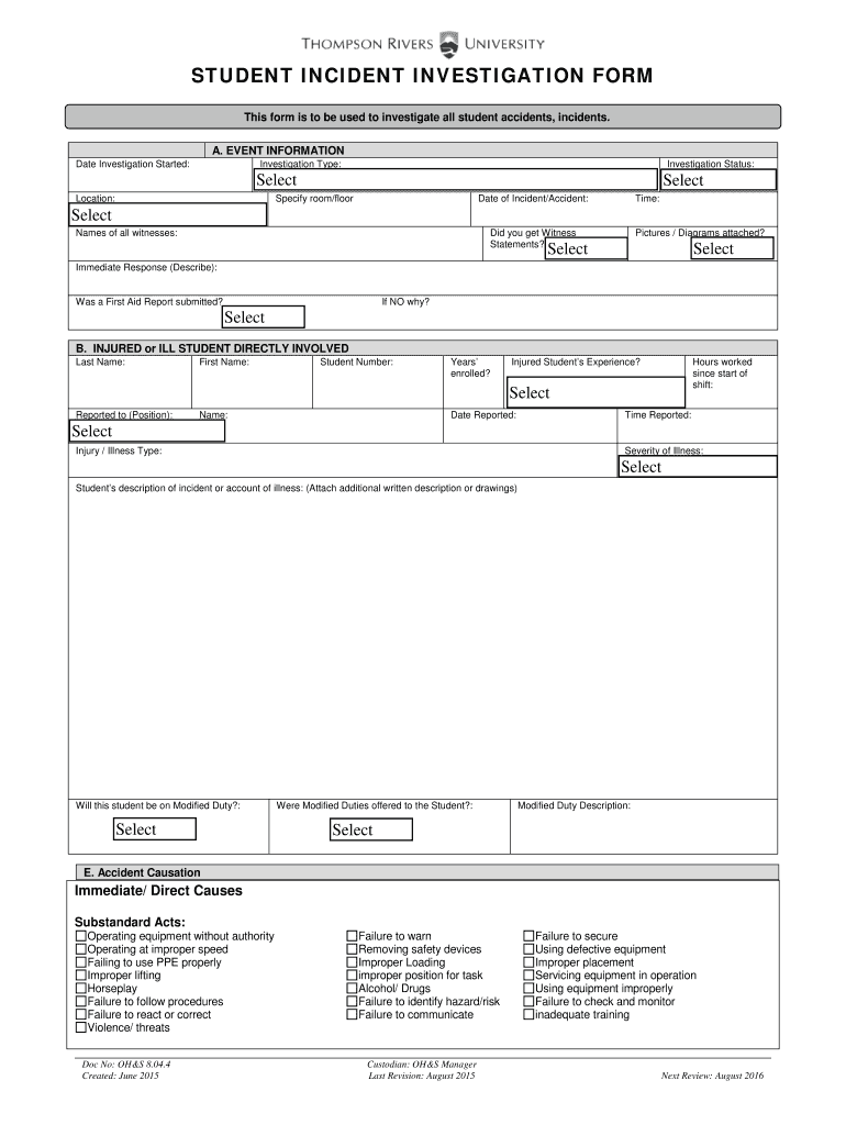 Fillable Online tru STUDENT INCIDENT INVESTIGATION FORM Fax Email Print ...