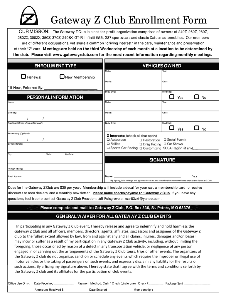 Fillable Online Gateway Z Club Enrollment Form Fax Email Print - pdfFiller