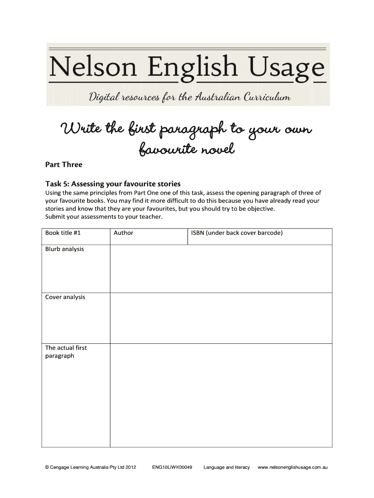 Fillable Online Write the first paragraph to your own favourite novel ...