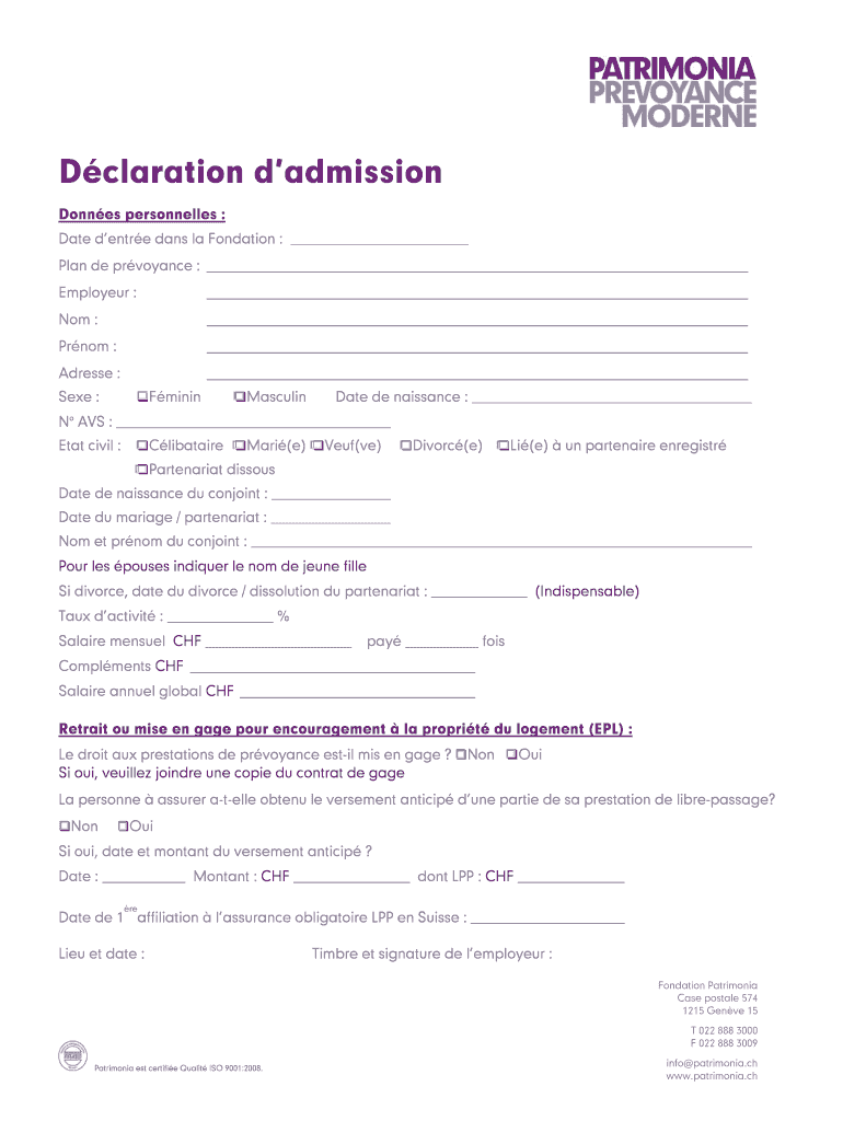 Fillable Online patrimonia D claration d''admission - Fondation Patrimonia Fax Email Print ...