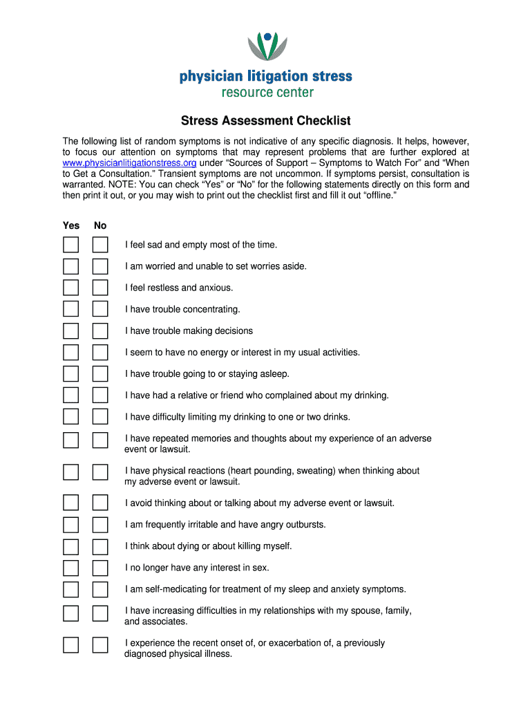 Fillable Online physicianlitigationstress Stress Assessment Checklist ...
