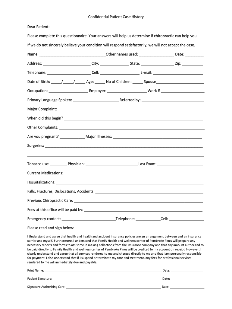 Fillable Online Confidential Patient Case History Dear Patient: Please ...