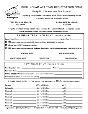 Fillable Online BBIRMINGHAMb APA TEAM REGISTRATION FORM Fax Email Print ...
