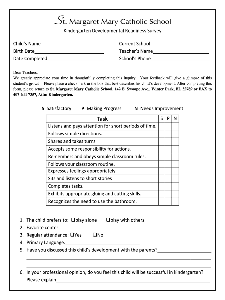 Fillable Online smmknight Kindergarten Developmental Readiness Survey Child's ... - smmknight ...