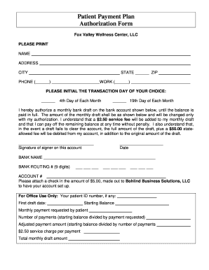 Fillable Online Patient Payment Plan Authorization Form Fax Email Print ...