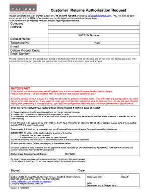 Fillable Online Returns Authorisation Number request Fax Email Print - pdfFiller