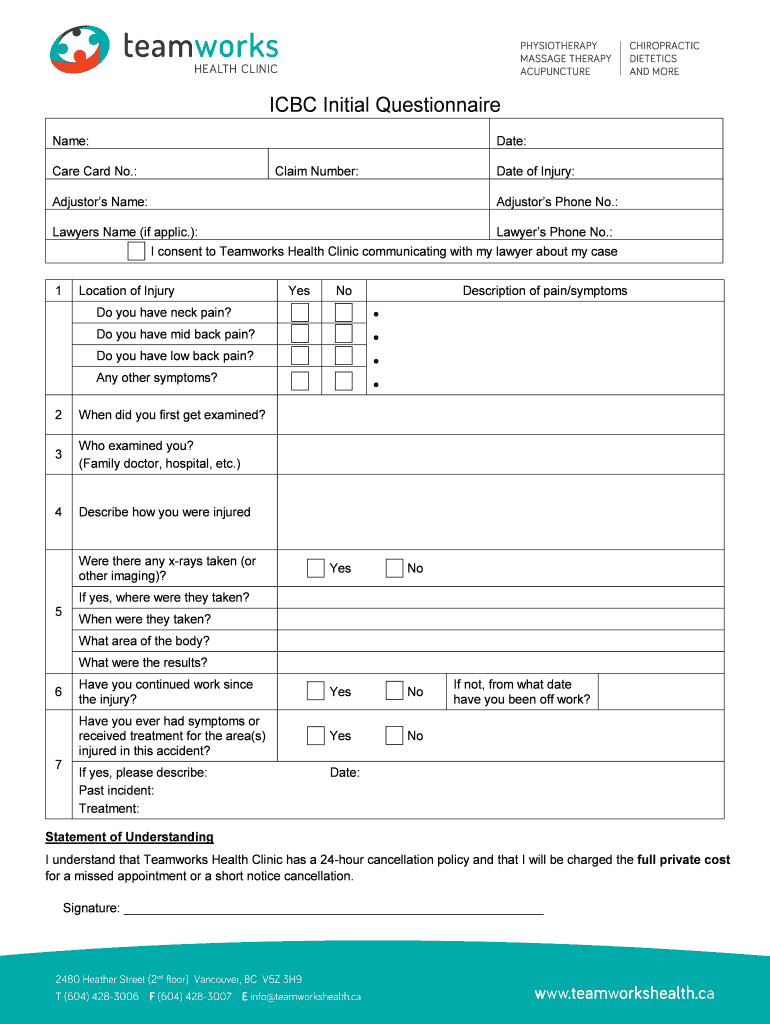 Fillable Online teamworkshealth ICBC Initial Questionnaire - Teamworks ...