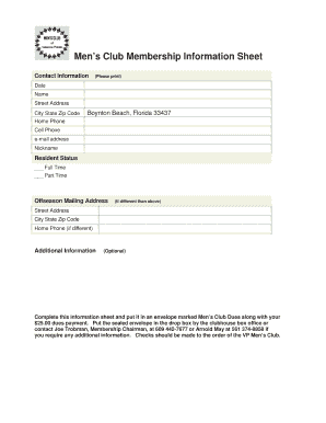 Fillable Online vpmensclub Mens Club Membership Information Sheet ...