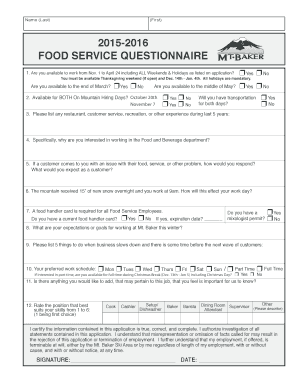 Fillable Online jobs mtbaker 2015-2016 FOOD SERVICE QUESTIONNAIRE Name ...