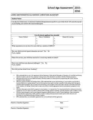 Fillable Online lionsacademy School Age Assessment Form - Lions ...