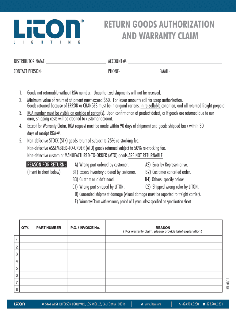 Fillable Online RETURN GOODS AUTHORIZATION AND WARRANTY CLAIM Fax Email ...