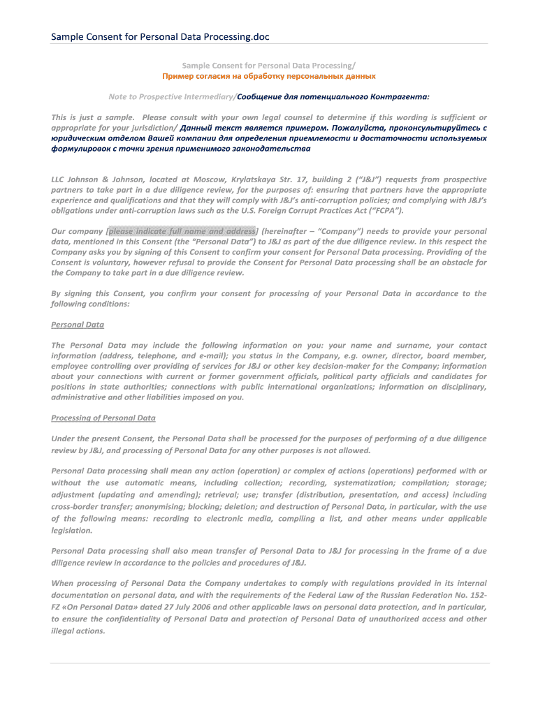 Fillable Online jnj Sample Consent for Personal Data Processing.doc - Johnson ... Fax Email ...