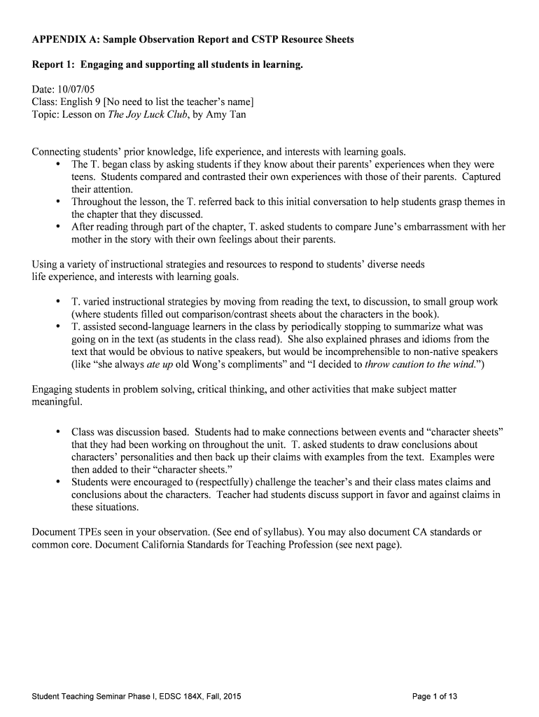 Fillable Online APPENDIX A Sample Observation Report and CSTP Resource ...