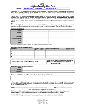 Fillable Online BOSH Holiday Club Booking Form Dates Monday 13 Friday ...