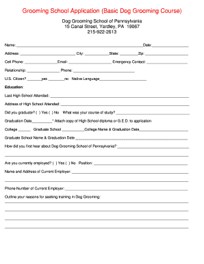 Fillable Online Grooming School Application Basic Dog Grooming Course ...