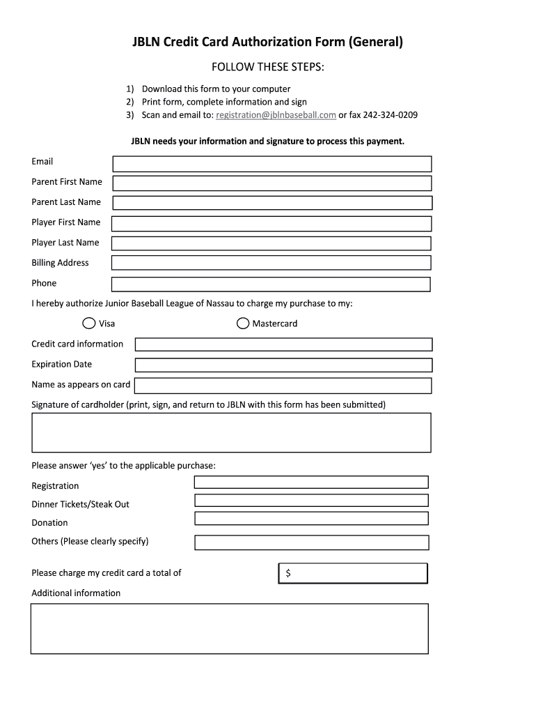 Fillable Online JBLN Credit Card Authorization Form General Fax Email ...