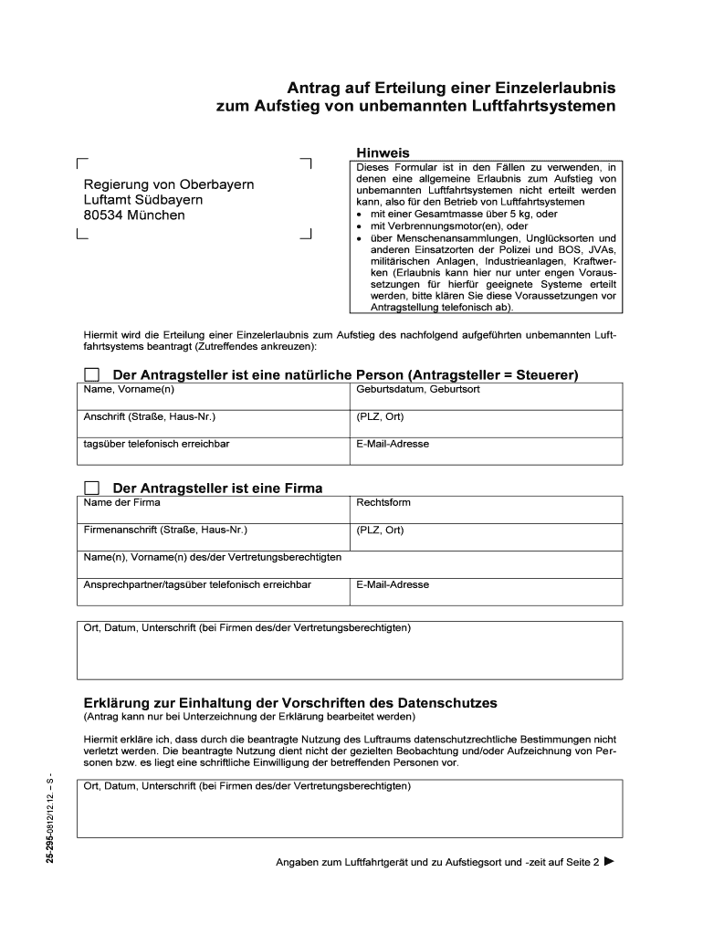 Fillable Online Antrag auf Erteilung einer Einzelerlaubnis zum Aufstieg von unbemannten ...