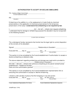 Fillable Online Embalming Authorization Form - TreadwayWigger.com Fax ...