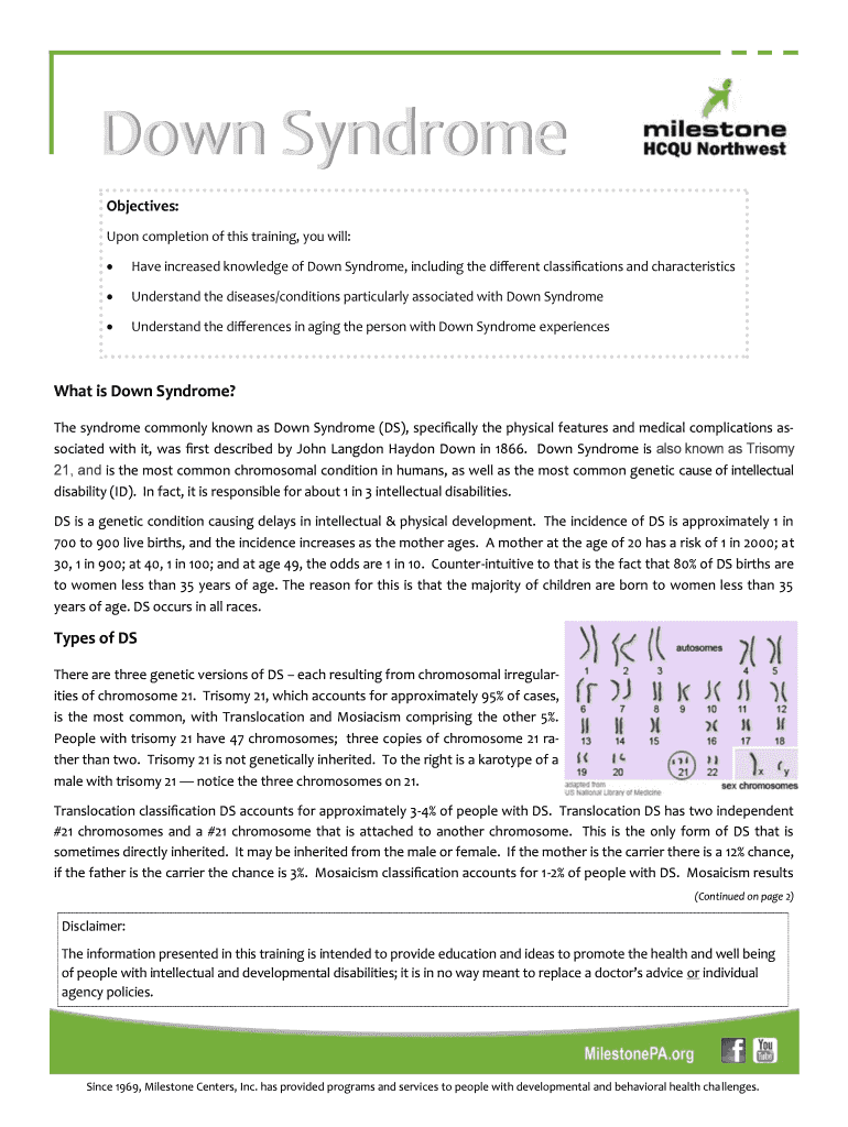 Fillable Online milestonepa Down Syndrome - Milestone Centers Inc ...