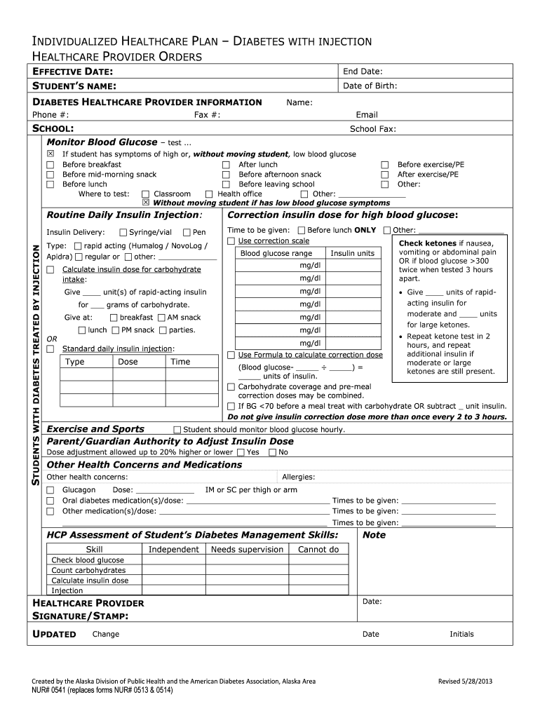 Fillable Online asdk12 Individualized Healthcare Plan - Diabetes with ...