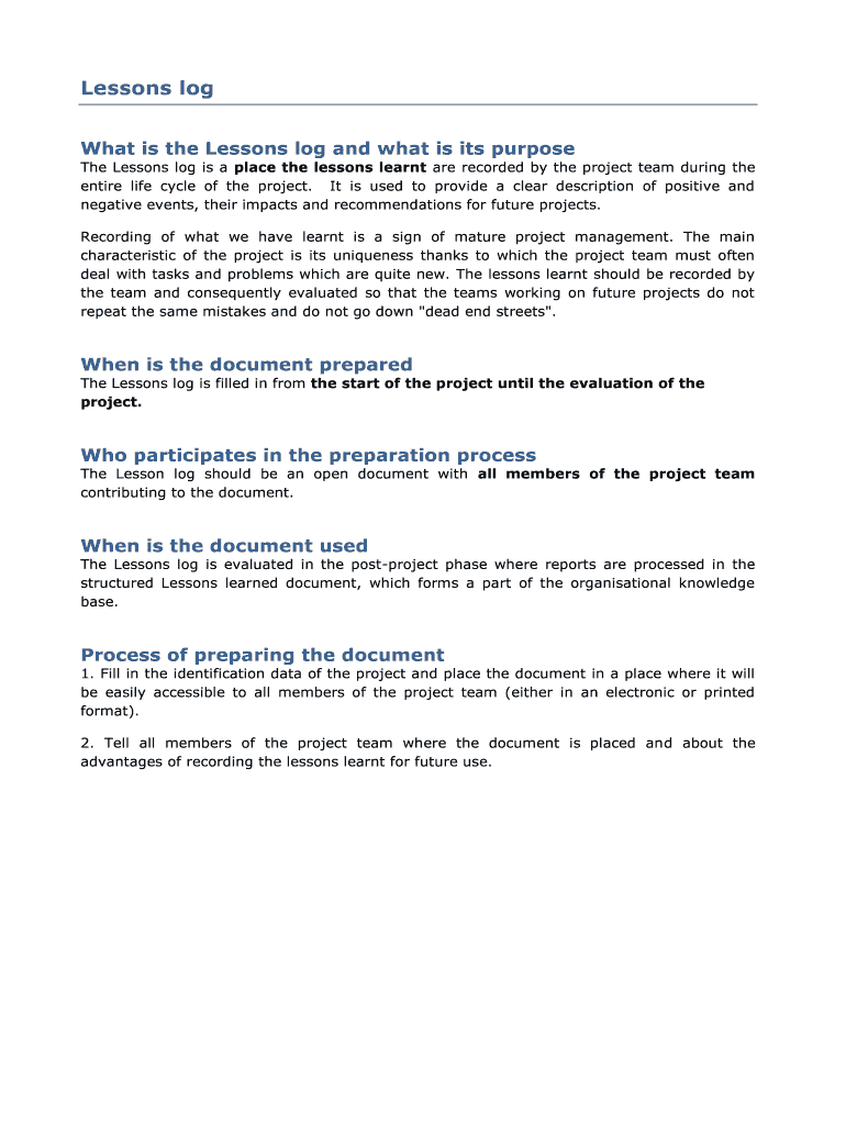 Fillable Online Lessons Learned Template - Project Management Docs Fax Email Print - pdfFiller
