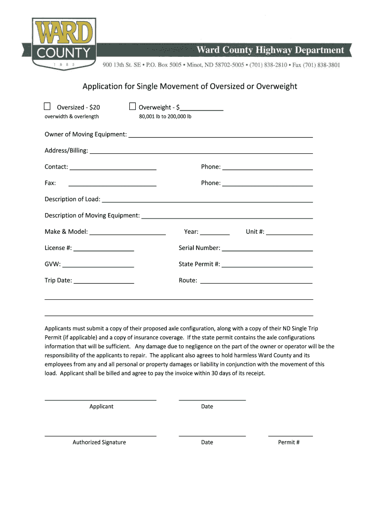 Fillable Online co ward nd Application for Single Movement of Oversized or Overweight Fax Email ...
