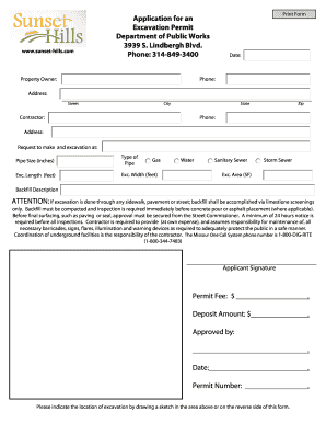 Fillable Online Application for an Excavation Permit Department of ... - Sunset Hills Fax Email ...