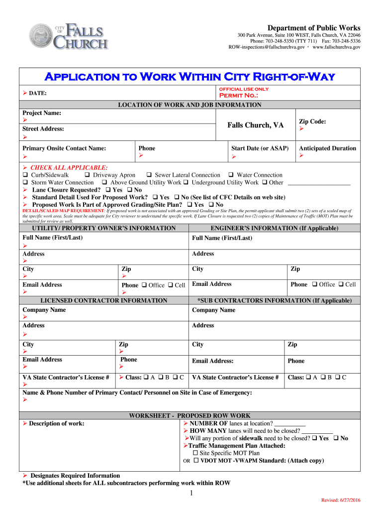 Fillable Online Application to Work Within City Right-of-Way - Falls Church Fax Email Print ...