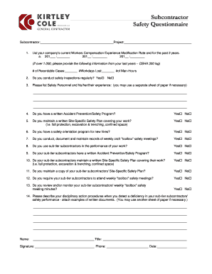 Fillable Online Subcontractor Safety Questionnaire - bKirtleyb-bColeb ...