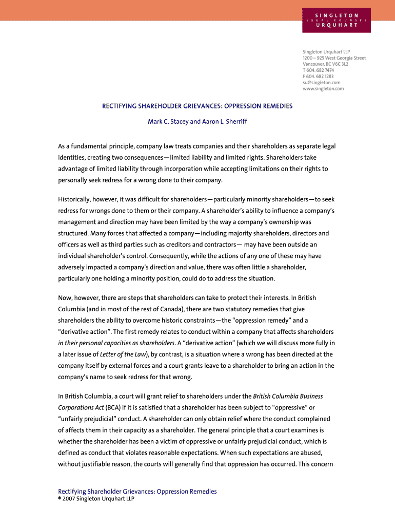 Fillable Online RECTIFYING SHAREHOLDER GRIEVANCES: OPPRESSION REMEDIES Fax Email Print - pdfFiller