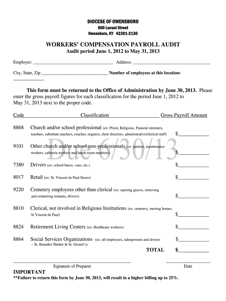 Fillable Online owensborodiocese Workers Comp Payroll Audit Formdoc Fax ...