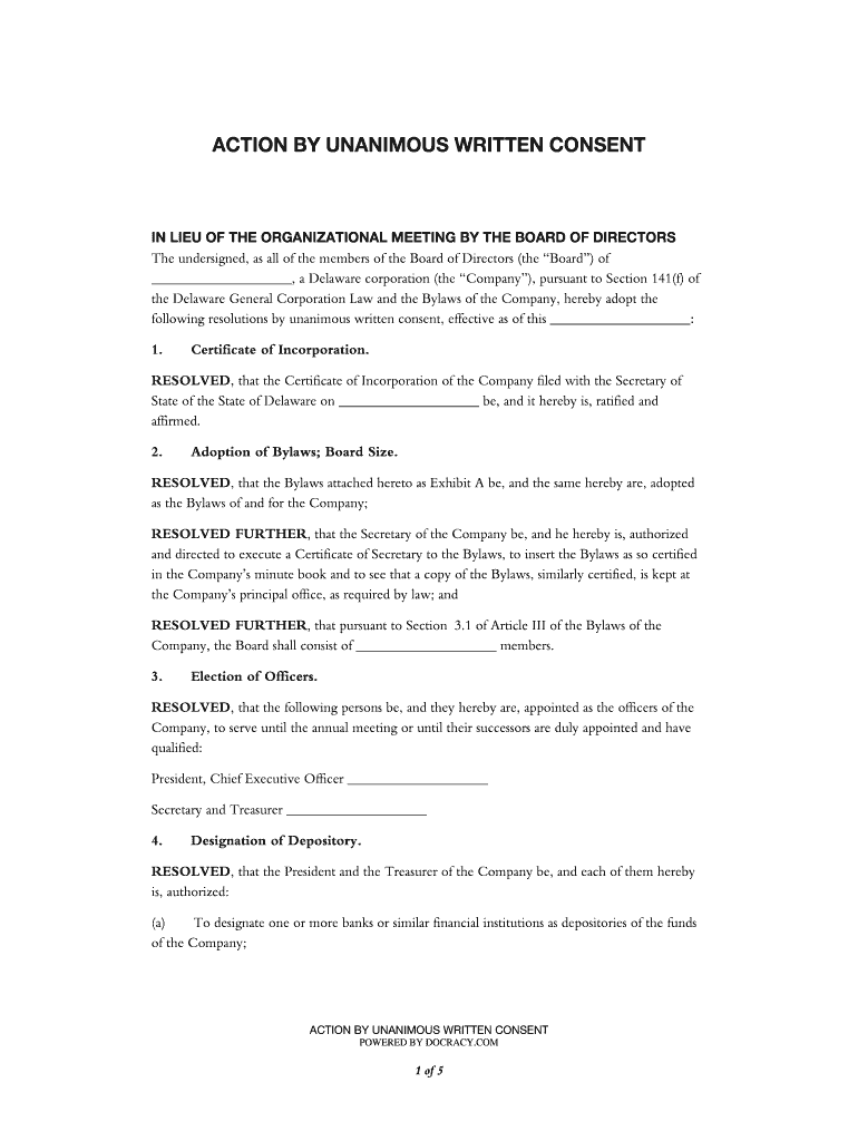 Fillable Online ACTION BY UNANIMOUS WRITTEN CONSENT - bDocracyb Fax ...