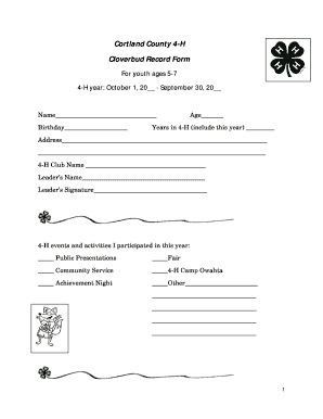 Fillable Online cortland cce cornell BCortlandb County 4-H Cloverbud ...