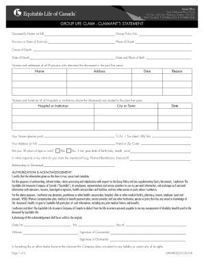 Fillable Online 684 Group Life Claim - Claimants Statement Fax Email ...
