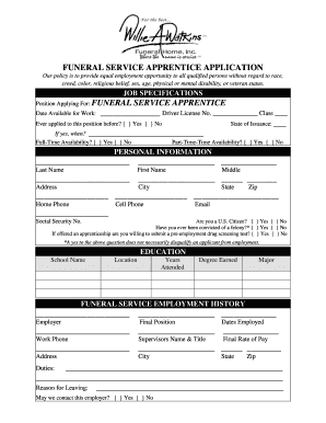 Fillable Online Funeral Service Apprentice Application - Willie A ...