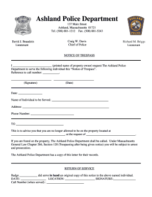 Fillable Online ashlandpd Notice of Trespass - Ashland Police ...
