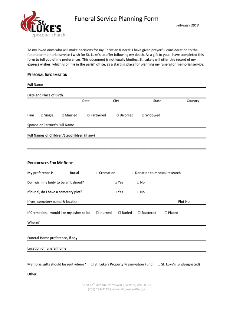 Fillable Online stlukesseattle Funeral Preferences Form Fax Email Print ...