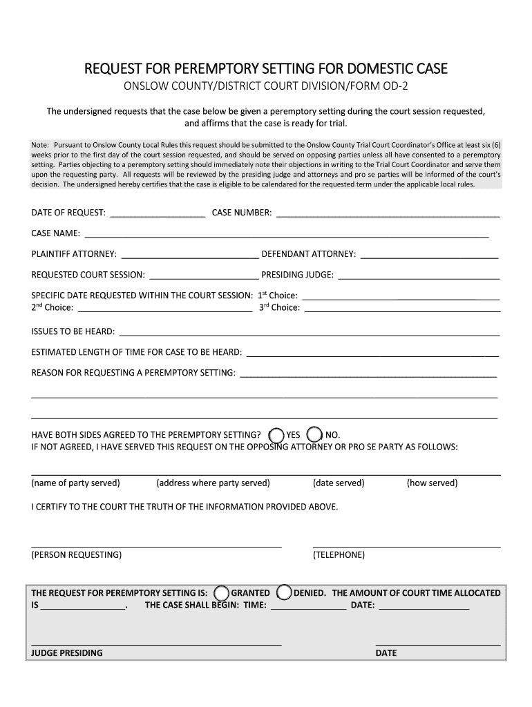 Fillable Online nccourts Request for Peremptory Setting for Domestic ...