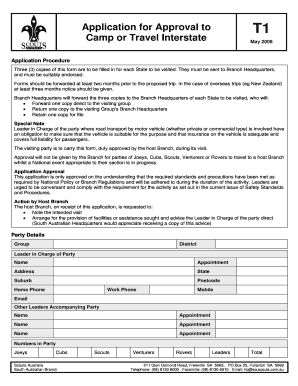 Fillable Online T1 - Application for Approval to Camp or Travel ...