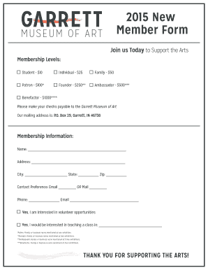 Fillable Online garrettmuseumofart 2015 New Member Form - Garrett ...
