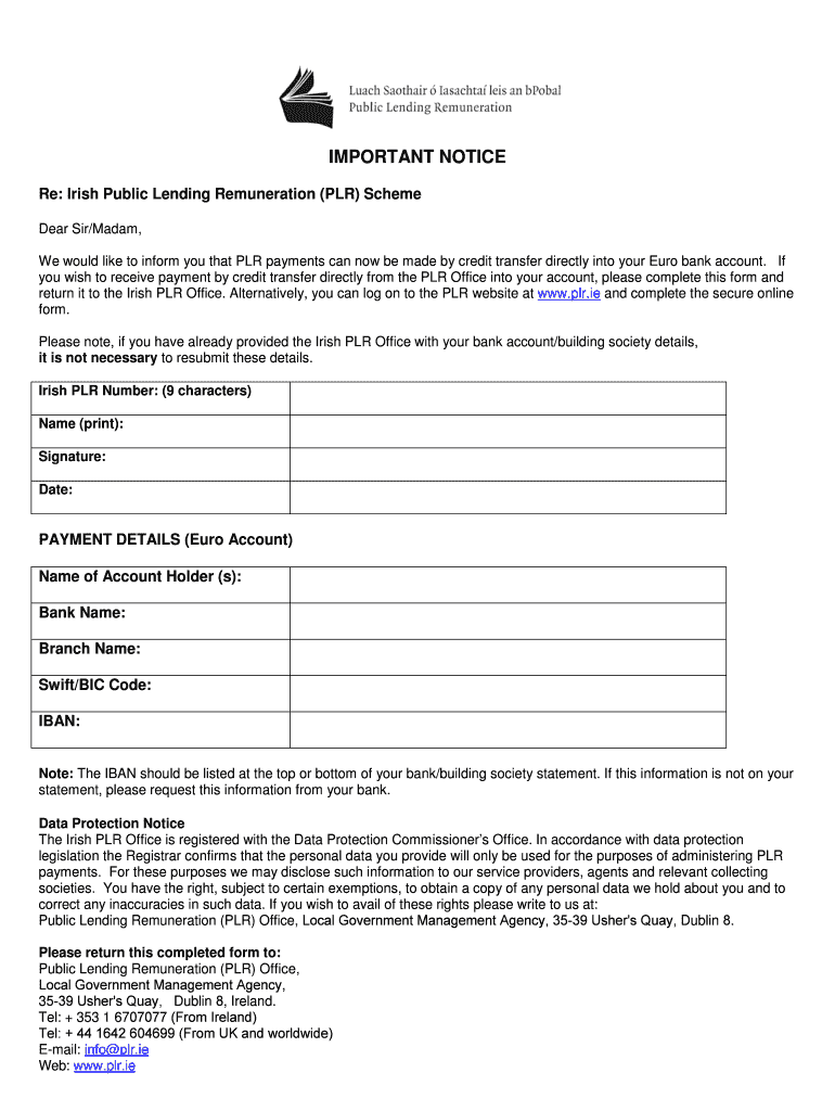 Fillable Online plr Bank Details Form for Euro Accounts - PLR - plr Fax ...