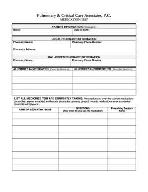 Fillable Online MEDICATION LIST PATIENT INFORMATION (Please print) Name ...