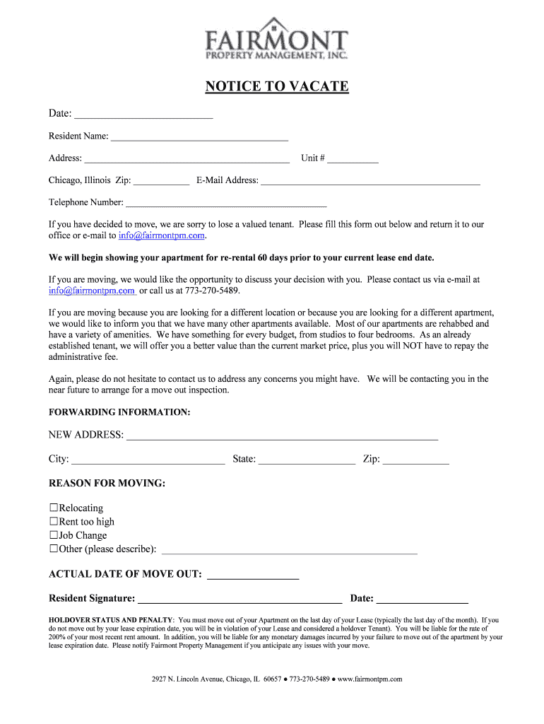 Fillable Online Notice to Vacate Form - Fairmont Property Management Fax Email Print - pdfFiller