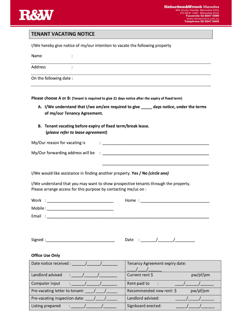 Fillable Online TENANT VACATING NOTICE - bmediabbcorewebbbcombau Fax ...