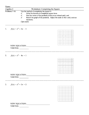 Fillable Online Name Algebra 2 Worksheet Completing the Square Problems ...