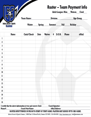 Fillable Online Roster Team Payment Info - Indoor Soccer amp Sports ...