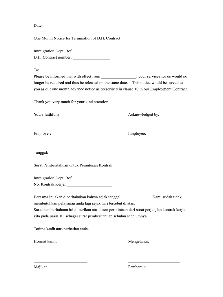 Fillable Online One Month Notice for Termination of DH Contract ...