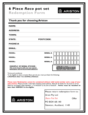 Fillable Online 6 Piece Raco pot set Redemption Form Thank you for ...