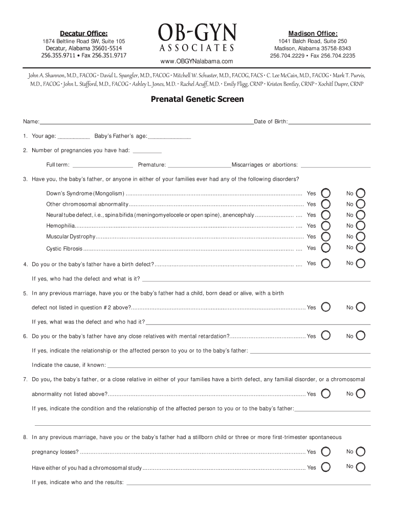 Fillable Online Prenatal Genetic Screen - Obstetrics Gynecology Fax ...