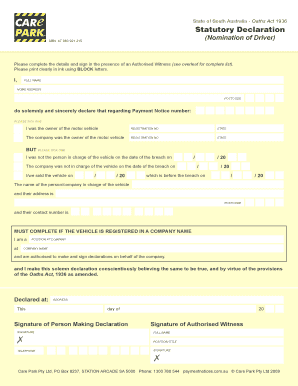 Fillable Online Statutory Declaration (Nomination of Driver) Please ...